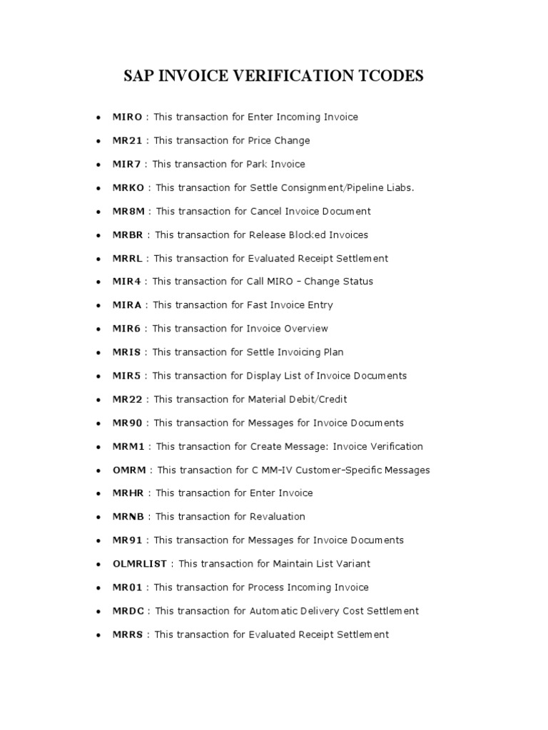 SAP Invoice Verfication Transaction Codes | PDF | Invoice | Computing