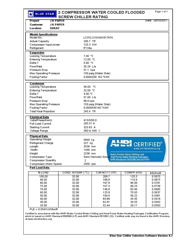 Chiller Data Sheet | PDF | Home Appliance | Electricity