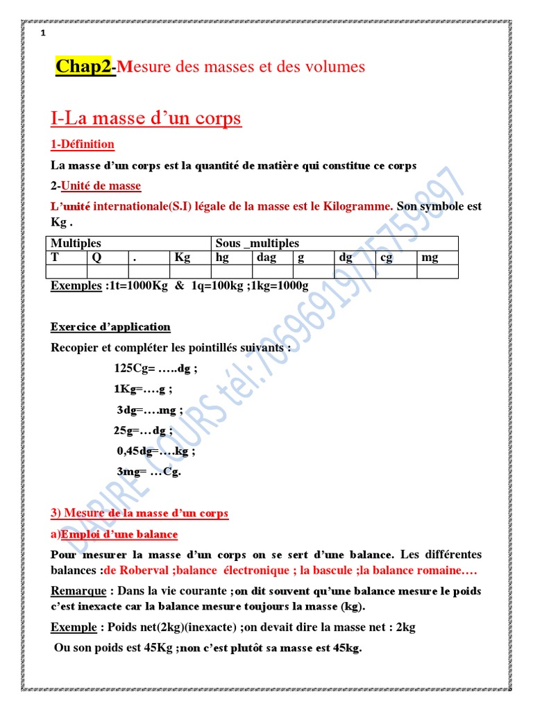 Chap2 - Mesure Des Masses Et Des Volumes | PDF | Balance (instrument ...