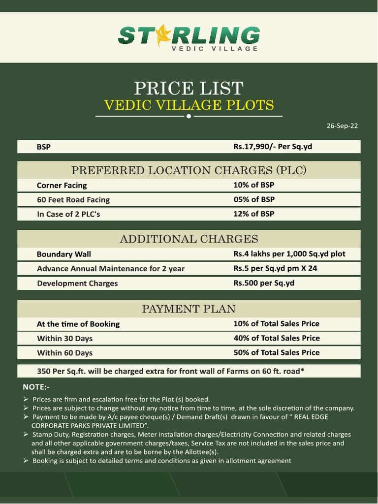 Starling Vedic Village Price List-2-1 | PDF