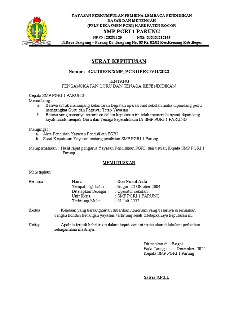 PIP Pengajuan Kolektif SMP PGRI 1 PARUNG | PDF