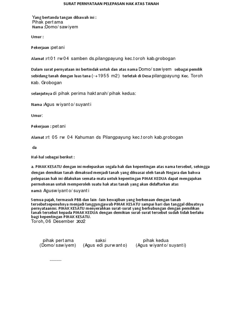 Contoh Surat Pernyataan Pelepasan Hak Atas Tanah | PDF