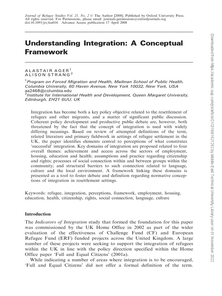 Understanding Integration-A Conceptual Framework-Ager&Strang | PDF | Refugee | Rights