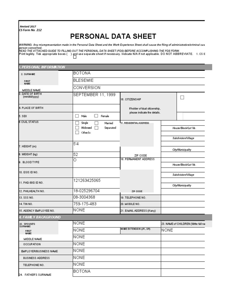 Personal Data Sheet CS Form No. 212 Revised 2017 | PDF | College