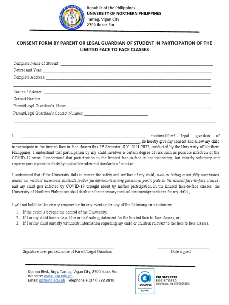 UNP consent form parent guardian limited F2F classes | PDF | Informed Consent | Health Sciences