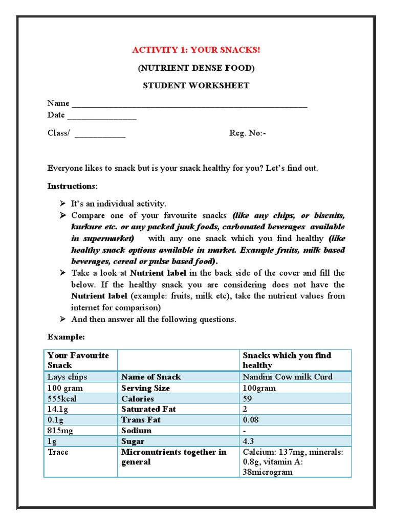 Student Worksheet - Activity 1 | PDF | Nutrition Facts Label | Foods