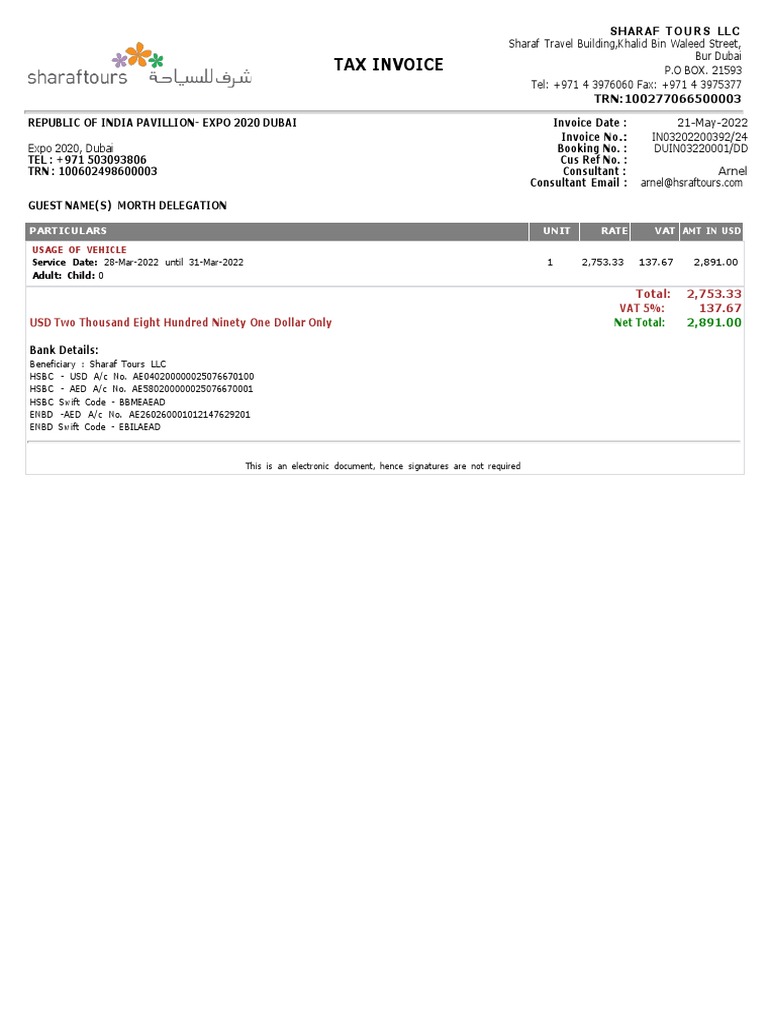 Sharaf Tours LLC invoice for India Pavilion transportation | PDF ...