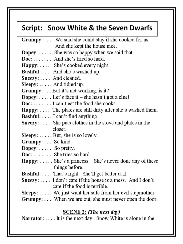 Snow White The Seven Dwarfs Script2023 | PDF | Home & Garden | Art