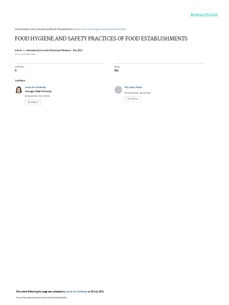 Food Hygiene and Safety Practices of Food Establis | PDF | Food Safety ...