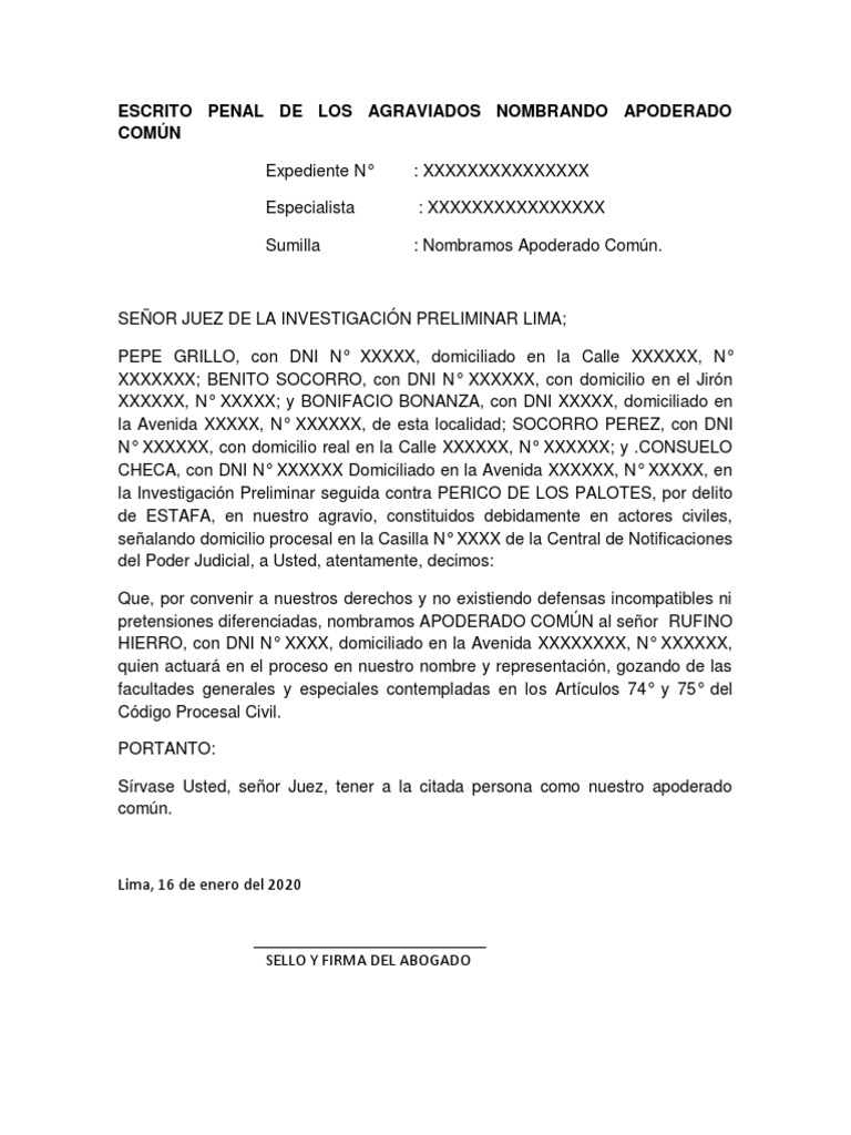 Escrito Penal de Los Agraviados Nombrando Apoderado Común | PDF