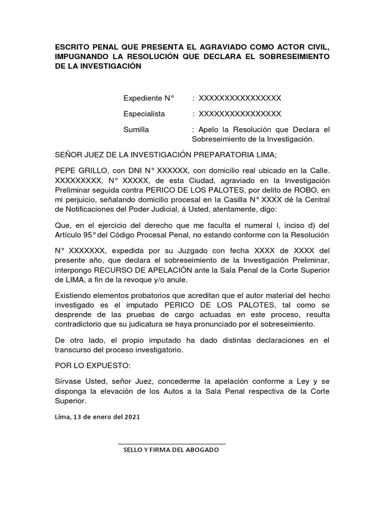 Escrito Penal Que Presenta El Agraviado Como Actor Civil, Impugnando La Resolución Que Declara ...