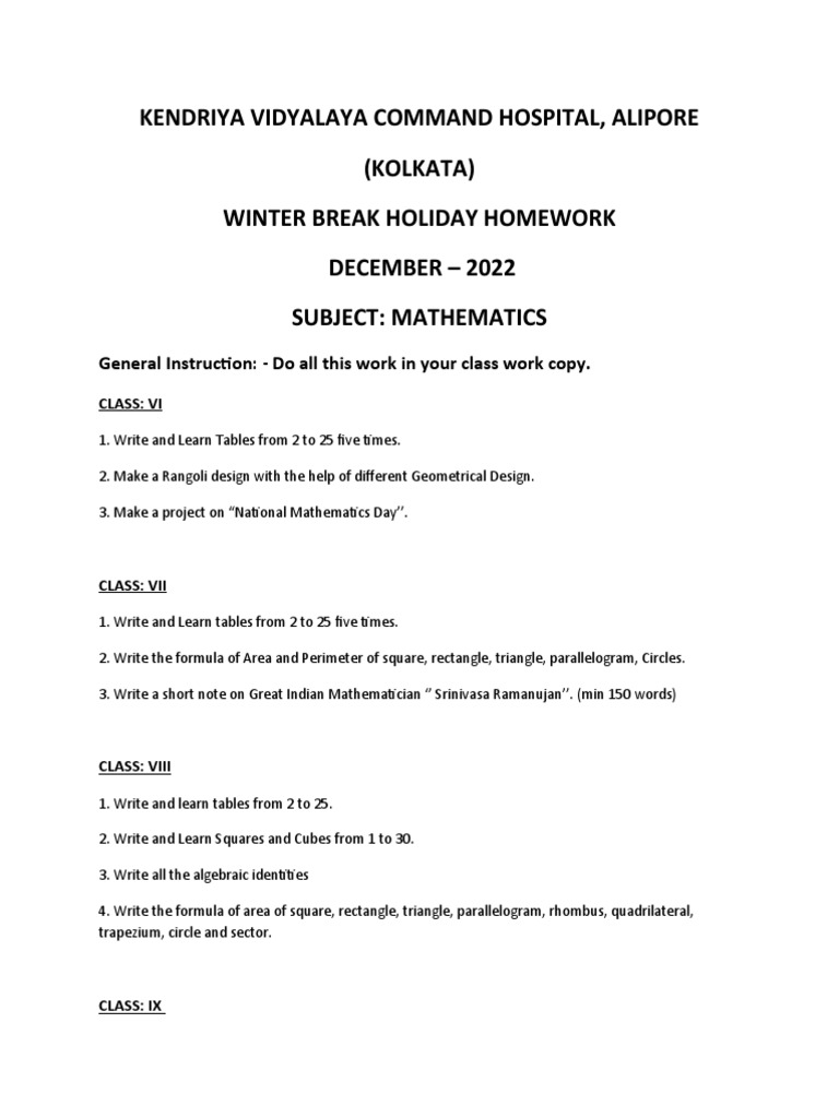 Maths - Winter Break HHW (Vi - Ix) | PDF