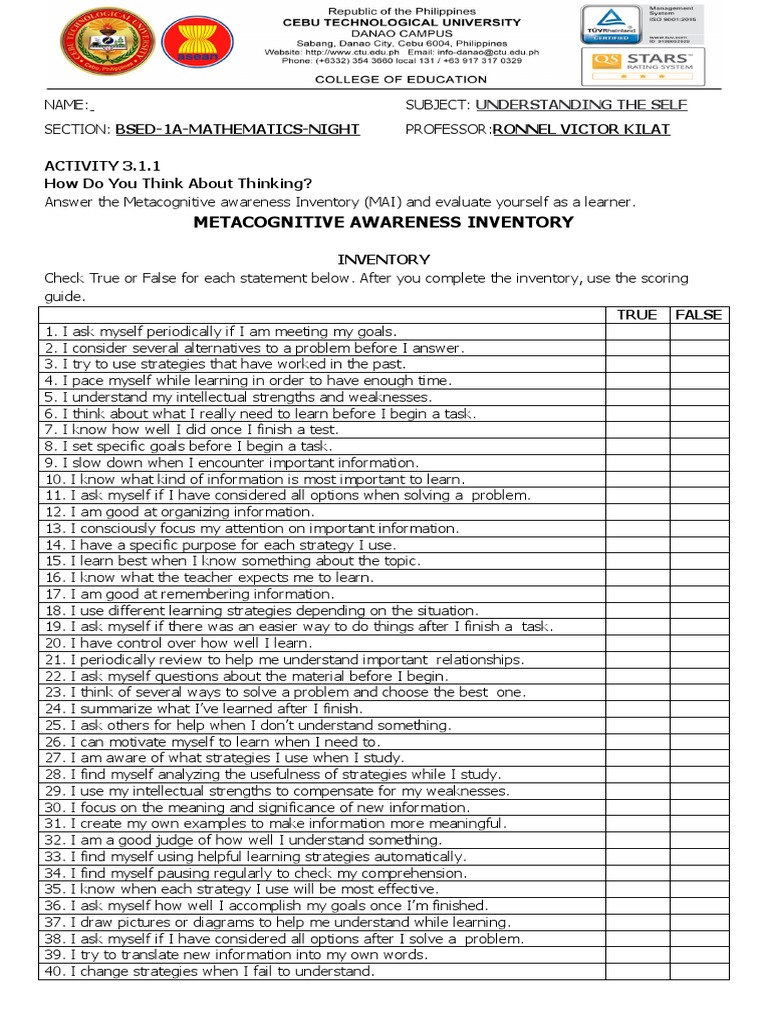 UTS-Activity 3.1.1 | PDF | Metacognition | Reading Comprehension
