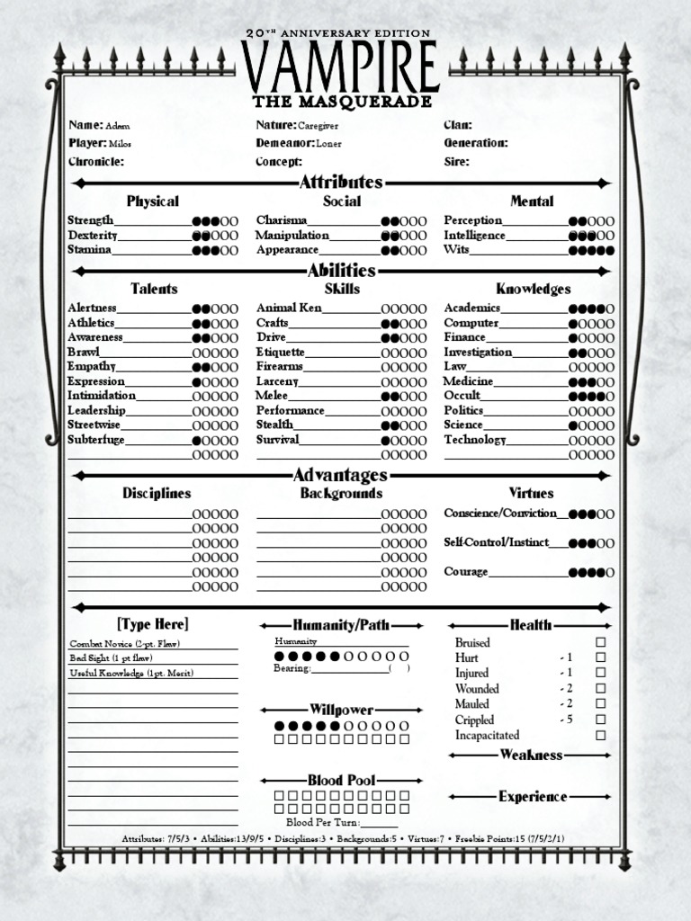 Vampire 20th Ed Example Character | PDF