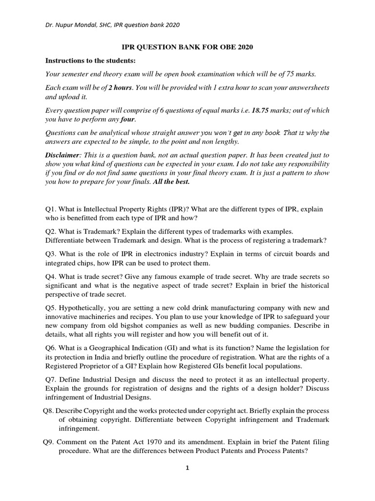 Ipr Question Bank For Obe 2020 Instructions To The Students | PDF ...