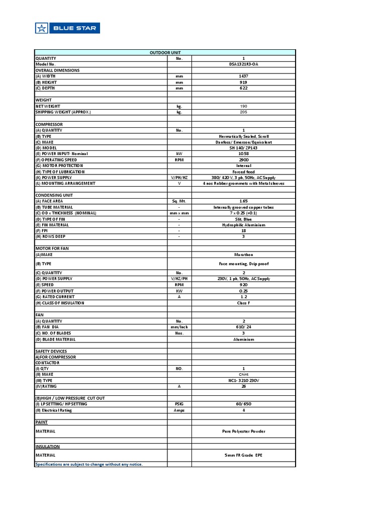 2.1 Condensing Unit DSA1321R3-OA Tech Specs | PDF | Manufactured Goods | Electrical Engineering