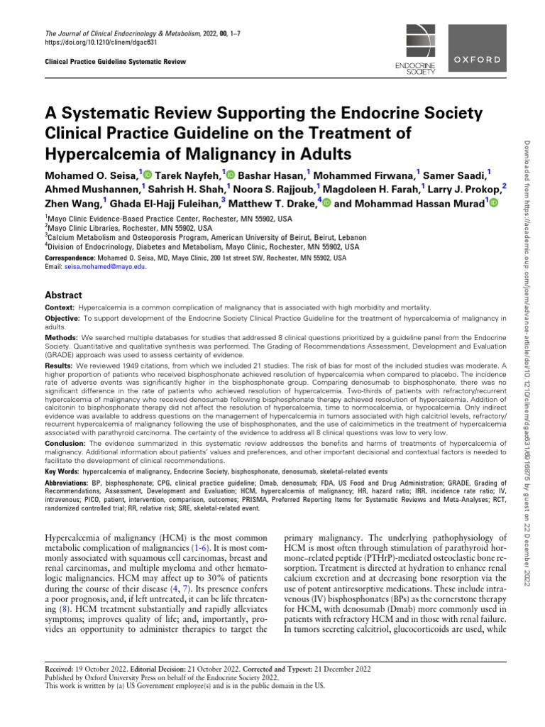 2022 - JCEM - RS Supporting The Hypercalcemia of Malignancy Guidelines | PDF | Meta Analysis ...
