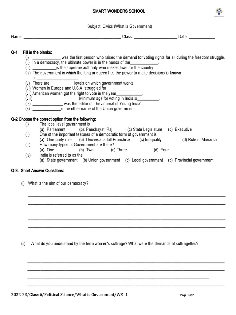 Worksheet Class-6 Ch-3 Civics Assessment | PDF | Public Law | Governance