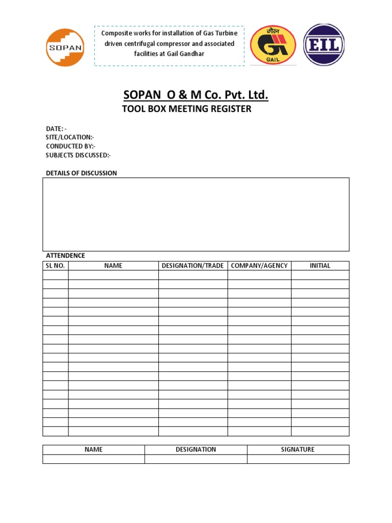 SOPAN O & M Co. Pvt. LTD.: Tool Box Meeting Register | PDF