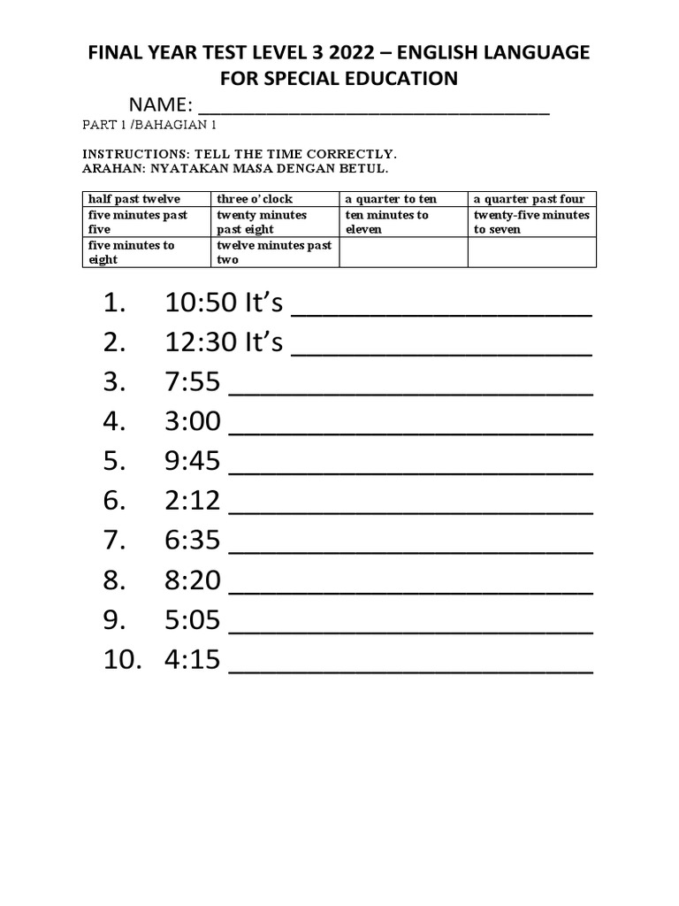 English Language Test for Special Education | PDF | Linguistics