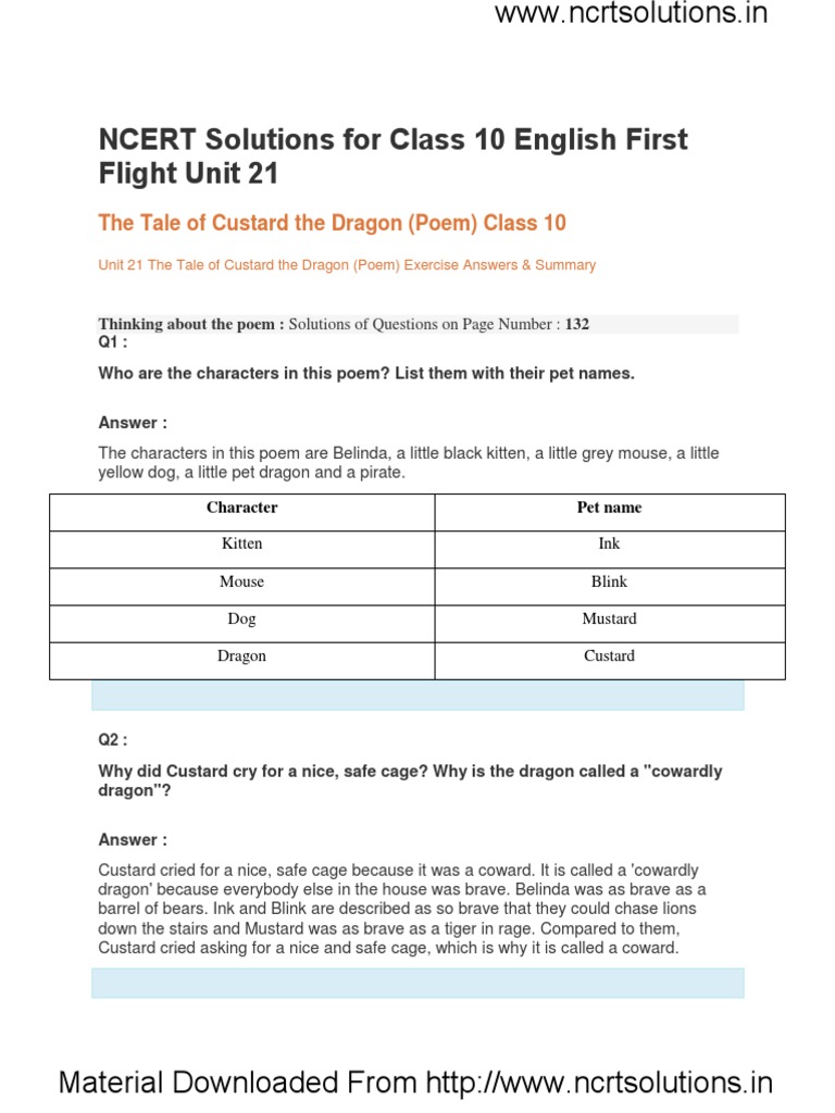 NCERT Solutions For Class 10 English First Flight Unit 21 | PDF ...