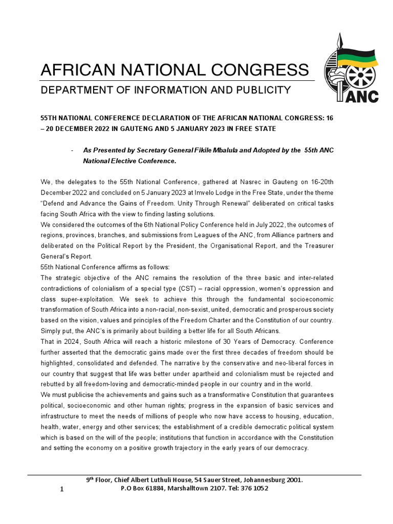 ANC 55th National Conference Declaration | PDF | African National Congress | Democracy