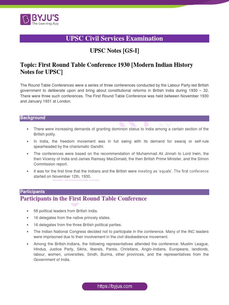 First Round Table Conference 1930 NCERT Notes | PDF | Politics Of India ...