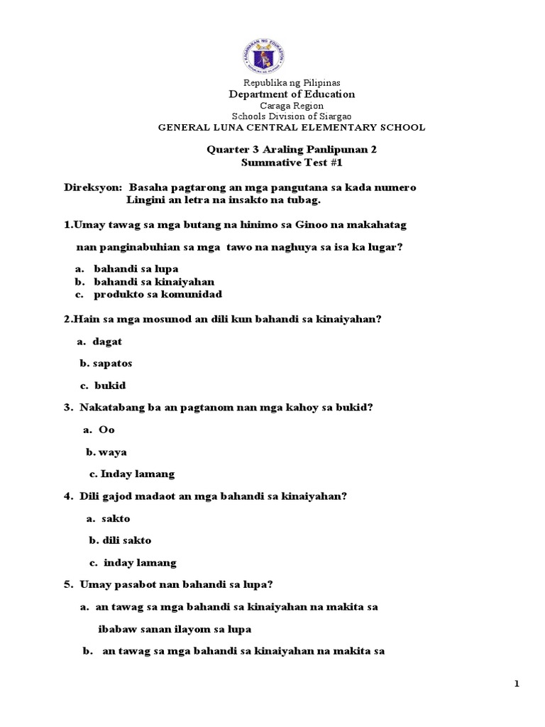 Aral Pan 2 Q3 Week 1 3 Summative Test and Performance Task Gina G ...
