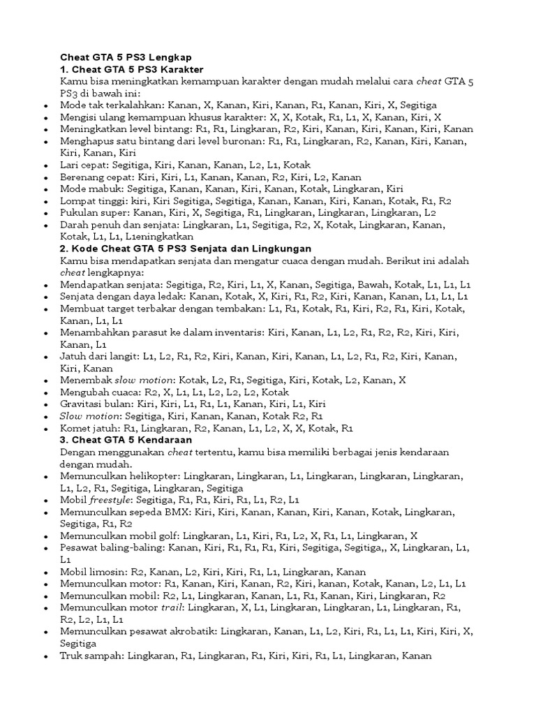 Cheat GTA 5 PS3 Lengkap | PDF