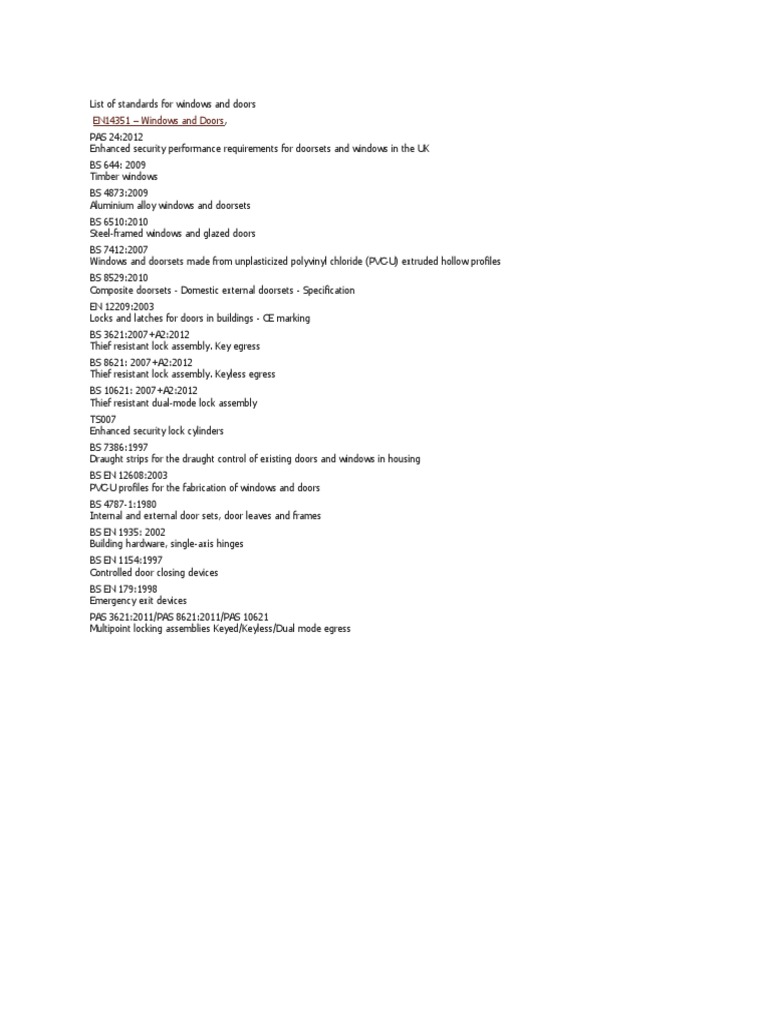 List of Standards For Windows and Doors | PDF | Technology & Engineering