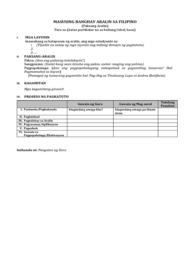 Masusing Banghay-Aralin (Format) | PDF