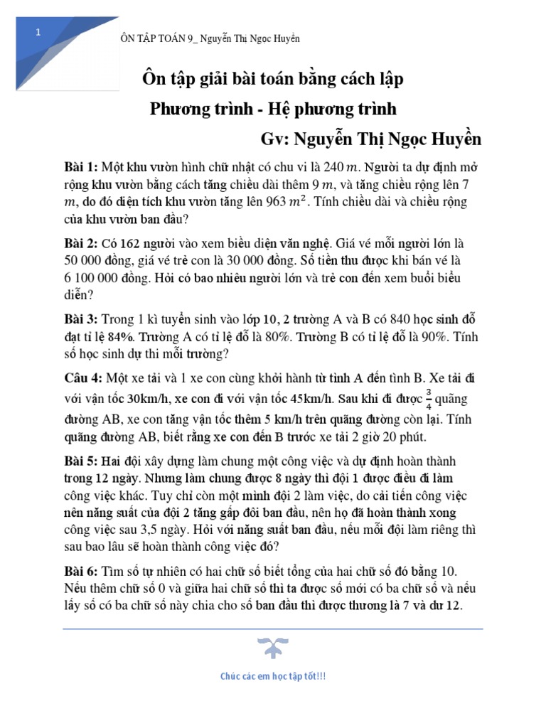 Ôn tập giải bài toán bằng cách lập PT và HPT - Toán - 9 THCS | PDF