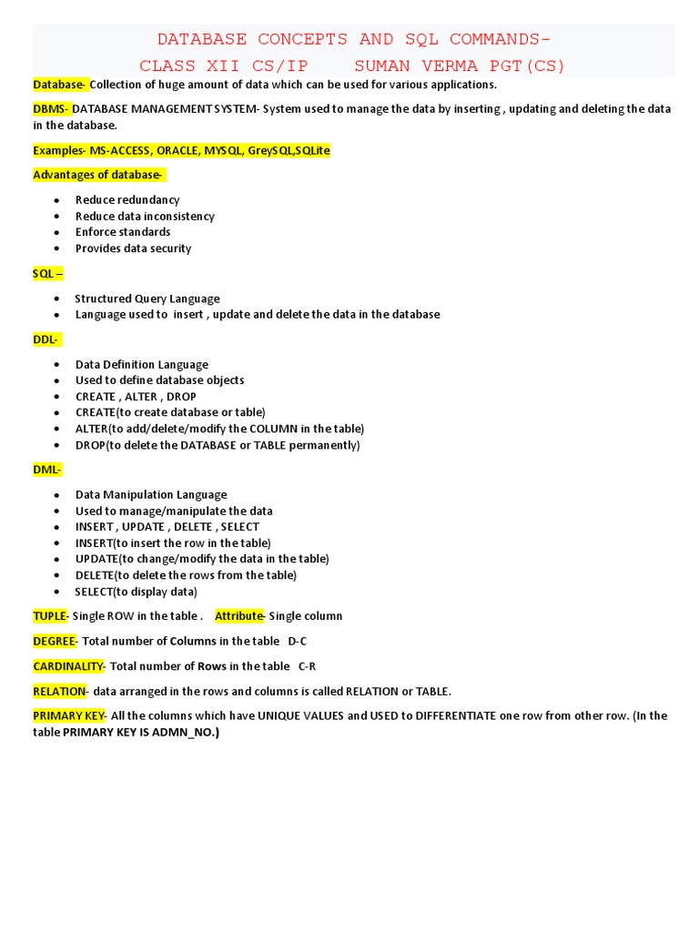 SQL Commands Notes | PDF | Databases | Sql