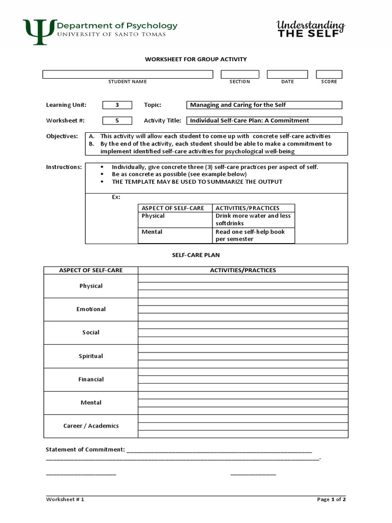 Worksheet #5 Self Care Plan | PDF | Career & Growth | Self-Improvement