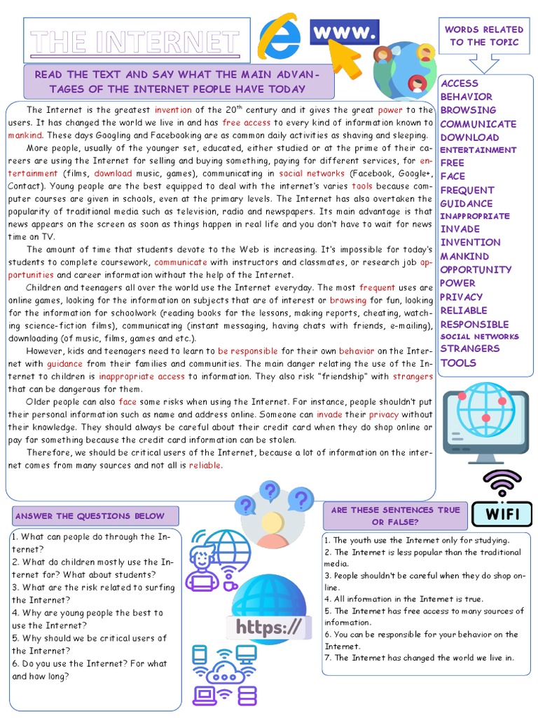 Mass Media The Internet Reading Comprehension Exercises Teacher ...