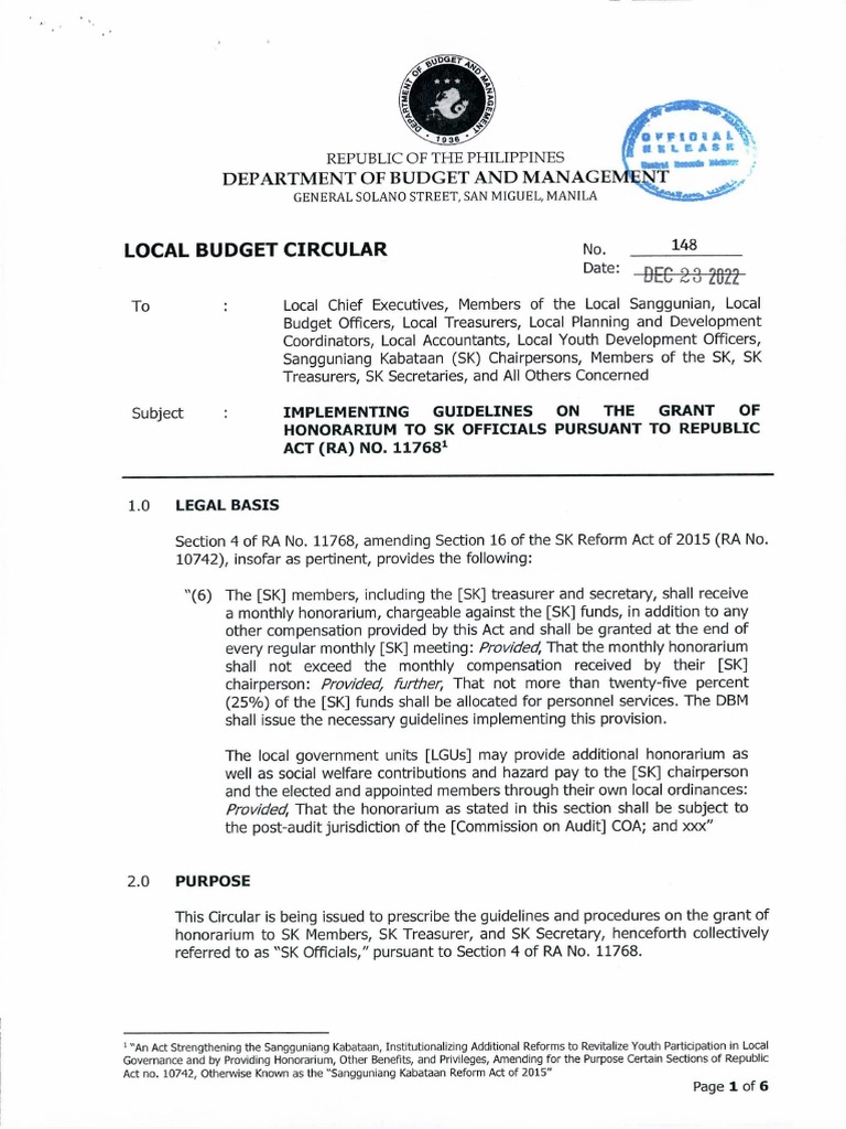 Local Budget Circular No. 148 Dated Dec 232022 | PDF | Budget | Government