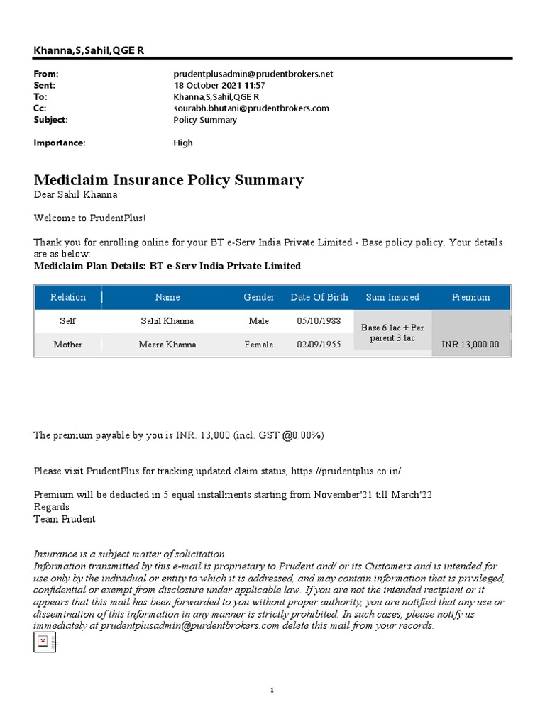 Mediclaim Policy Summary for Sahil Khanna | PDF | Finance & Money ...