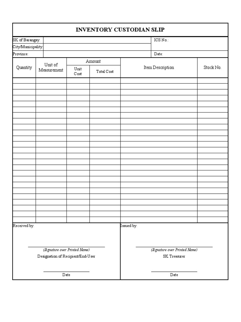 Inventory Custodian Slip Template | PDF