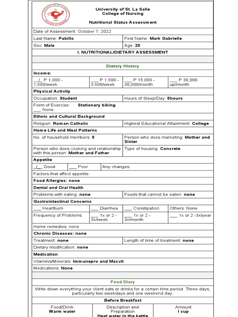 Dietary History Nutrition Assessment Tool Template 1 | PDF