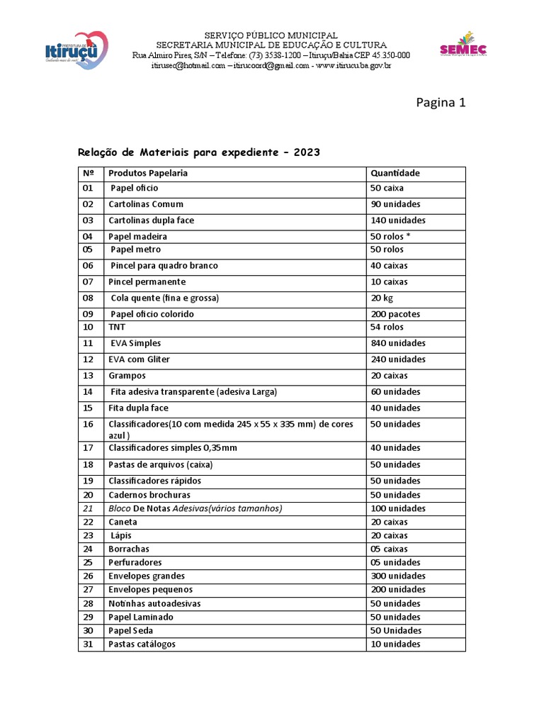 Relação de Materiais para Expediente | PDF | Bens de consumo | Equipamento