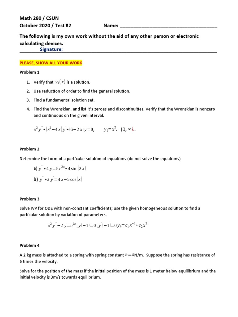 Math 280 - Oct. 26 and 27, 2020 - Test 2 | PDF | Teaching Methods ...