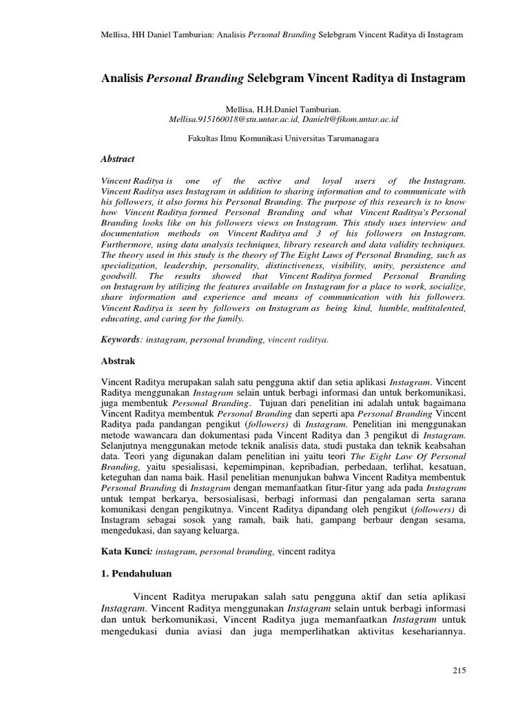 Analisis Personal Branding Selebgram Vincent Radit | PDF
