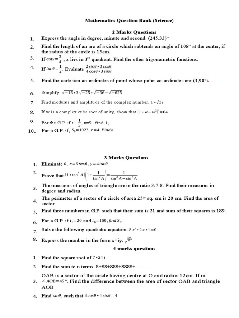 Maths Question Bank Unit Test 1 | PDF