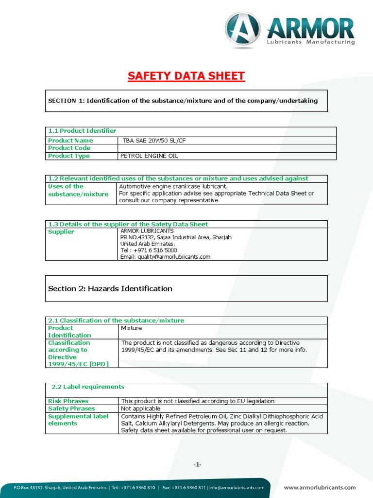 SAE 20W50 SL Sample MSDS | PDF | Dangerous Goods | Waste