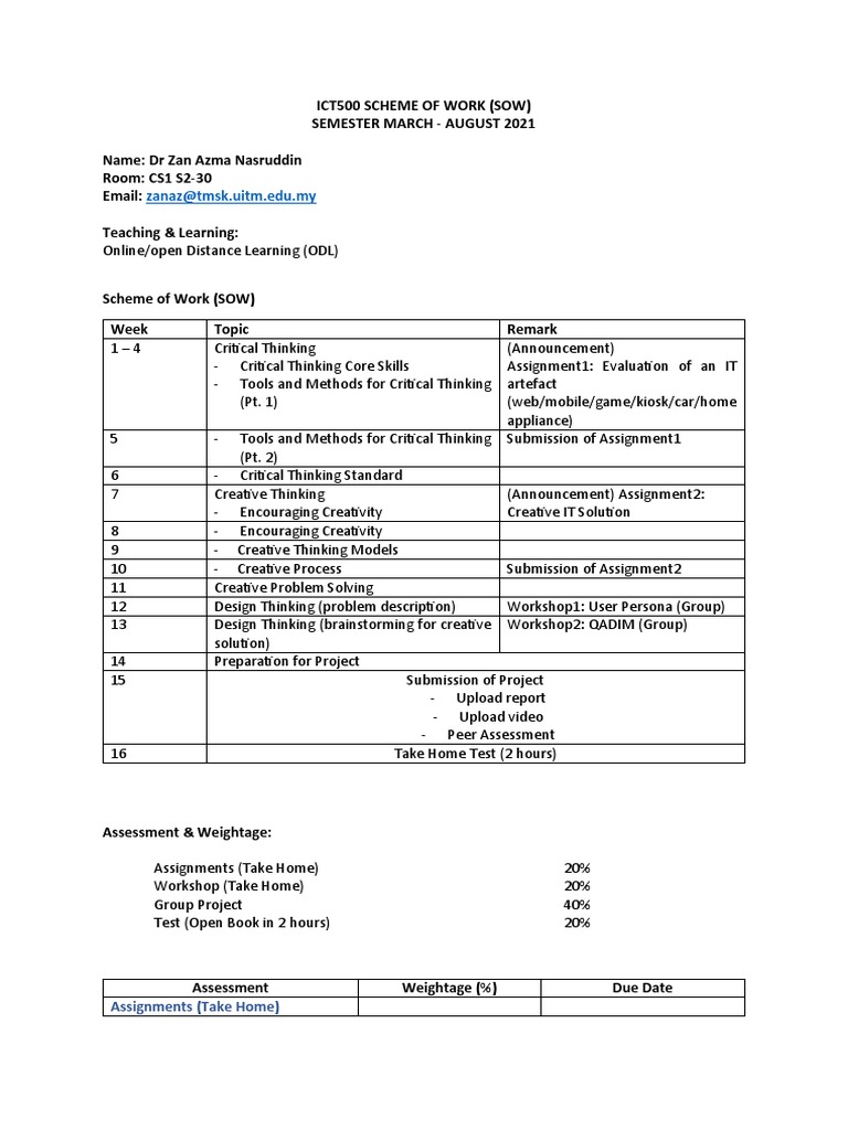 ICT500 SCHEME OF WORK - Mac2022 | PDF | Critical Thinking | Creativity