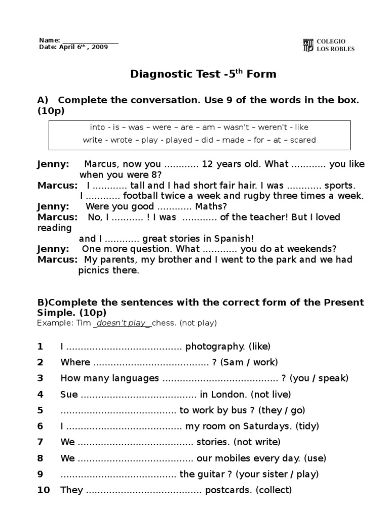 5th Grade Diagnostic English Test | PDF