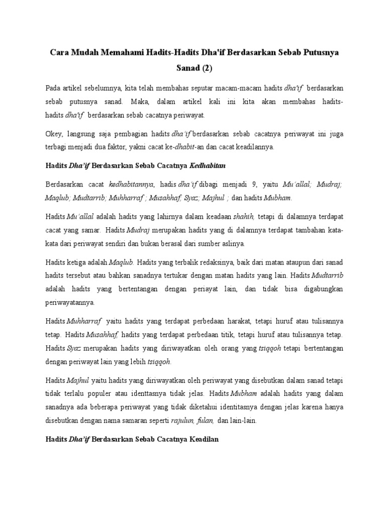 Cara Mudah Memahami Hadits-Hadits Dha'if Berdasarkan Sebab Putusnya Sanad | PDF