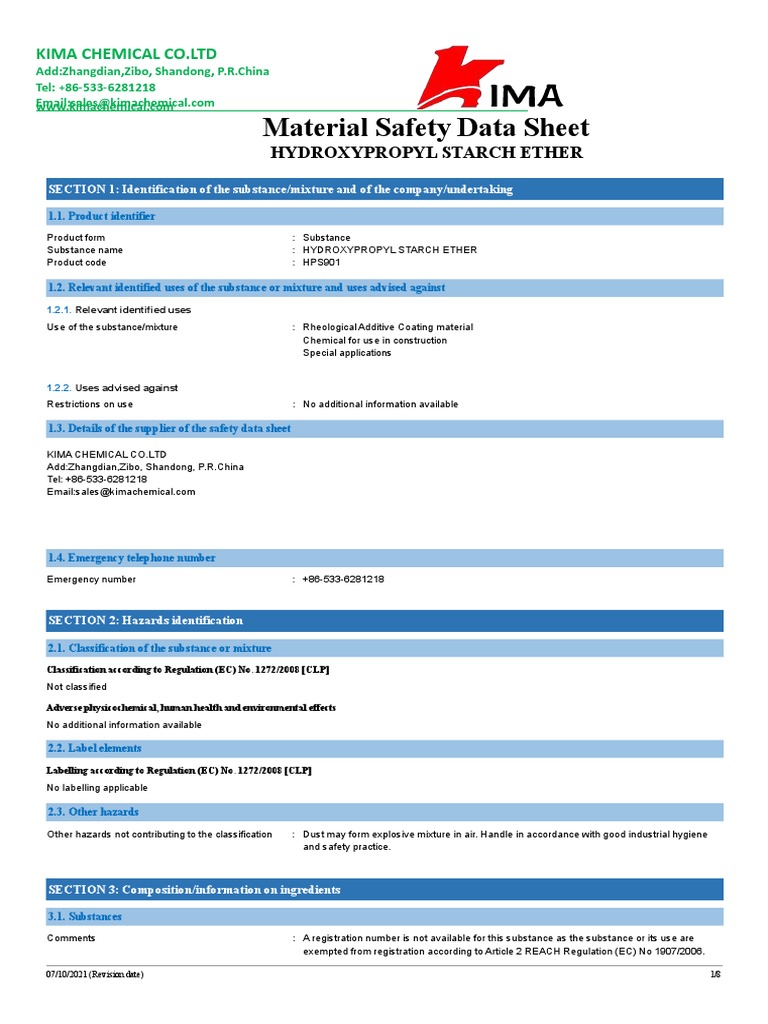 Msds Hydroxypropyl Starch Ether Hps | PDF | Toxicity | Materials