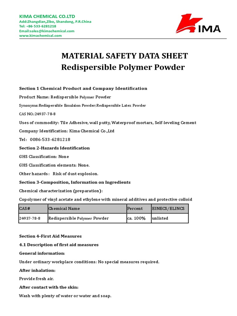 Msds Redispersible Polymer Powder RDP | PDF | Toxicity | Firefighting