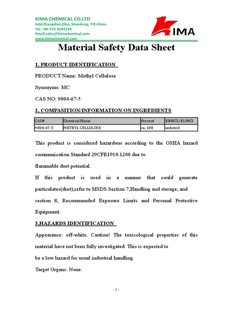 Methyl Cellulose MSDS Overview | PDF | Personal Protective Equipment ...